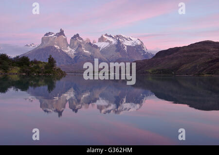 Cuernos del Paine reflected in Lago (Lake) Pehoe, Torres del Paine National Park, Patagonia ...