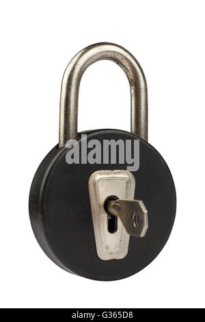 Front view of a vintage black padlock with round shape isolated on ...