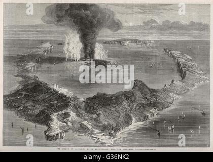 A volcano erupting on the Greek island of Santorini (Thera, Thira) in ...