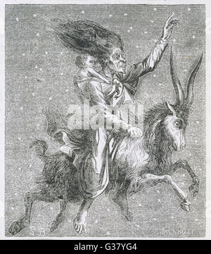 A witch, riding a goat through the sky, making rain fall from the ...