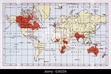 Map showing the extent of the British Empire in 1886, distributed as ...