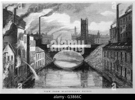 Blackfriars Bridge, Manchester, England, showing cotton mills and ...