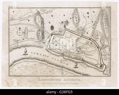 Map showing Roman London (Londinium) with its grid of straight roads ...