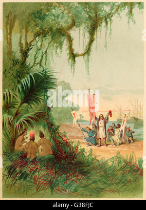Columbus lands on Watling Island (San Salvador Stock Photo - Alamy