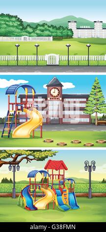 Set of different outdoor landscape scenes with cartoon character ...