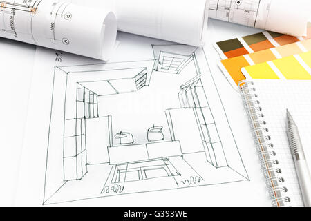 Blueprints and rolls of blueprints, top view. Building concept Stock ...