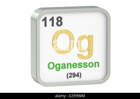 Oganesson Og, chemical element. 3D rendering isolated on black ...