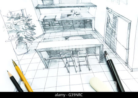 Hand drawing interior design. Part of architectural project Stock Photo ...