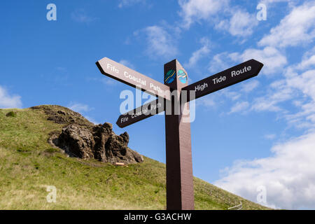 Fife Coastal Path signpost below Kincraig Hill at West Bay beach in ...
