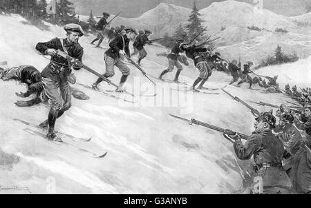 French Alpine Chasseurs on a mountain track with mules as pack animals ...