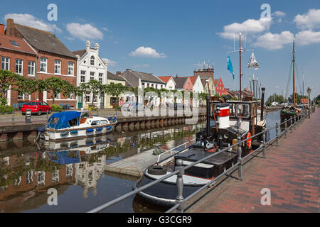 Boats in old harbour, Weener, Eastern Friesland, Lower Saxony, Germany ...