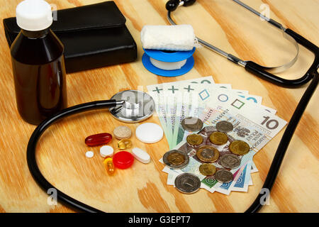 Stethoscope on polish money, bandage, wallet, syrup Stock Photo - Alamy
