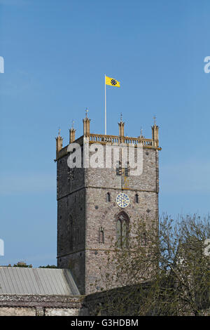 St David's Cathedral tower with the flag of the Bishop's palace flying ...