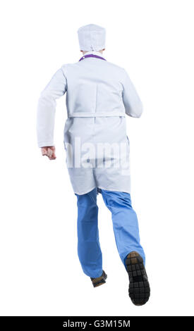 Back view of running doctor in a robe hurrying to help the patient ...