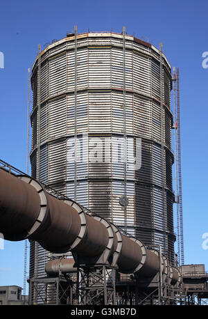 Large gas pipes runs towards a gas holder at Redcar Steelworks. Taken ...