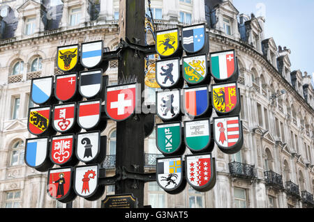 Cantonal tree sign of Swiss cantons at Swiss Court Leicester Square ...