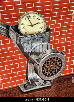 Red alarm clock on the kitchen table, close-up Stock Photo - Alamy