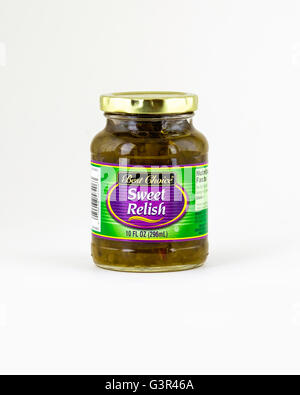 Glass jar of sweet pickle relish used as food condiment isolated on ...