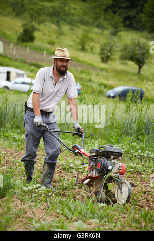 Farmer weeding the field with a tiller. Man loosens the soil cultivator ...