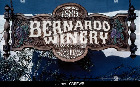 Hand carved sign of the Bernardo Winery. California's oldest winery ...