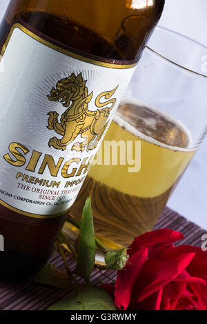 Bottle of Singha Premium Import lager beer on white background, Singha ...