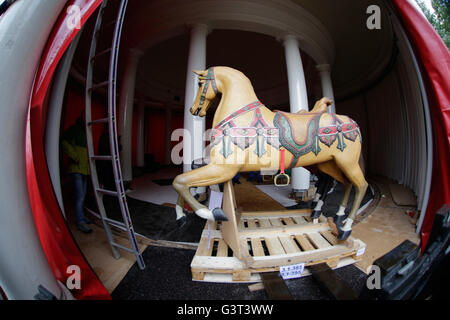 Hanau, Germany. 14th June, 2016. The freshly restored carousel horses ...