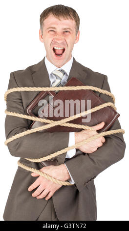 Businessman tied with rope screaming Stock Photo - Alamy