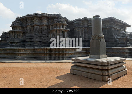 Carved pillar at hoysaleswara temple ; Halebid Halebidu ; Hassan ...