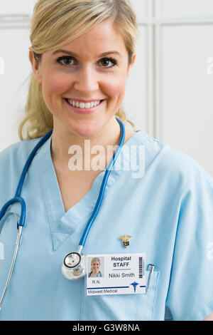 Healthcare, person and nurse with name tag in hospital for mockup space ...