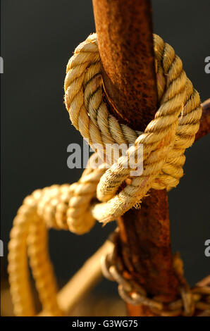Rusty metal pole wrapped in barbed wire amid blurred green trees ...