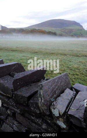 Close up of a traditional Welsh slate fence Cwm Croesor Gwynedd Wales ...