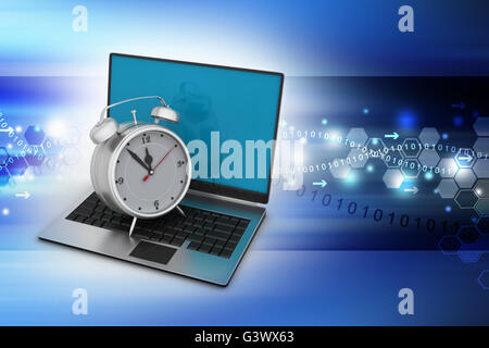 Laptop with alarm clock Stock Photo - Alamy