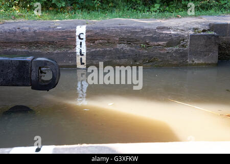CANAL LOCK BOAT CILL MARKER WARNING SIGN ON A BRITISH CANAL LOCK GATE ...