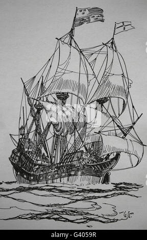 Black and White Illustration of an Elizabethan Galleon; 16th Century ...