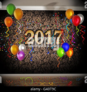 2017 celebration with balloons and confetti. 3D illustration Stock ...