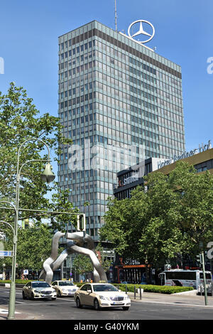 Mercedes Benz logo on building, headquarters, sky, and leaves, Berlin ...