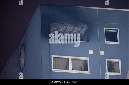 Fire at Deptford block of flats. Fire damage is seen around windows on ...