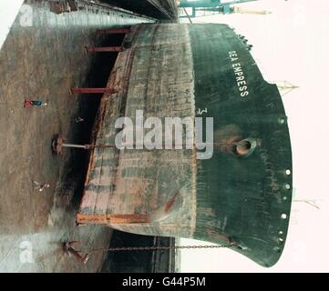 The Sea Empress tanker in dry-dock in the Harland & Wolff Shipyard, in ...