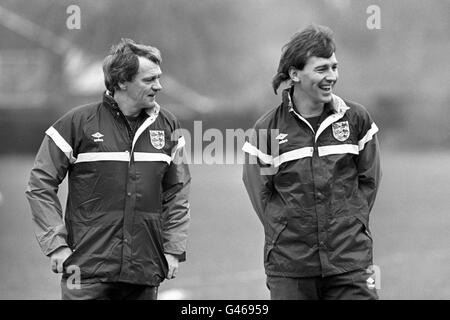 England captain Bryan Robson, with his son Ben, talks to the media at ...