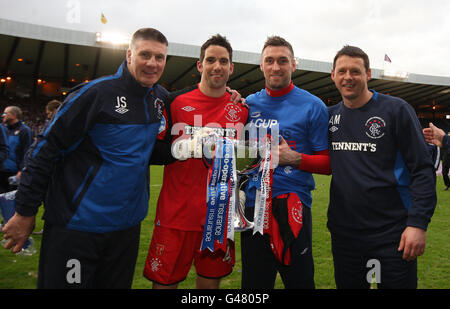 Rangers goalkeeping coach Allan McGregor (right) with goalkeeper Jack ...
