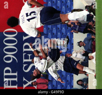 Tottenham Hotspur's Jose Dominguez somersaults after scoring during ...