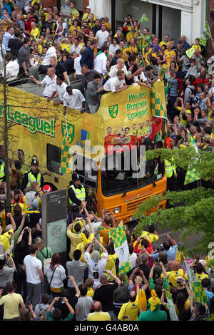 A general view of the Norwich City bus during the promotion parade in ...