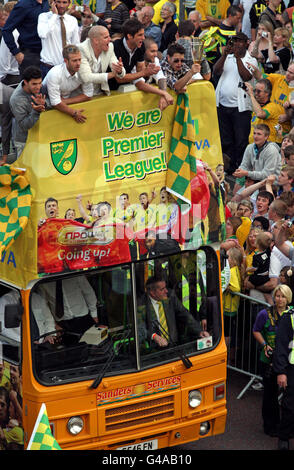 A general view of the Norwich City bus during the promotion parade in ...