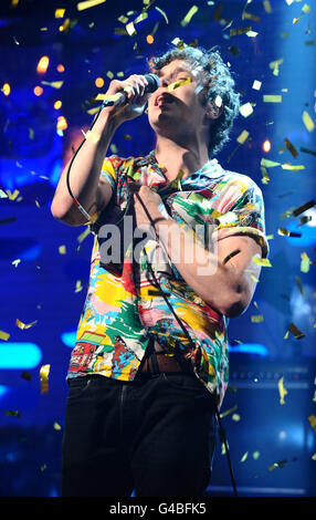 Lead singer Ed Macfarlane of the 'Friendly Fires' during a gig at HMV ...