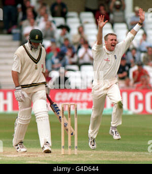 South Africa's captain Hansie Cronje leaves his crease after being dismissed for a duck by ...