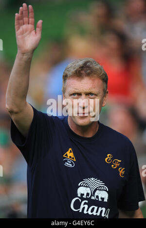 David Moyes manager of Everton waves to the fans during the Premier ...