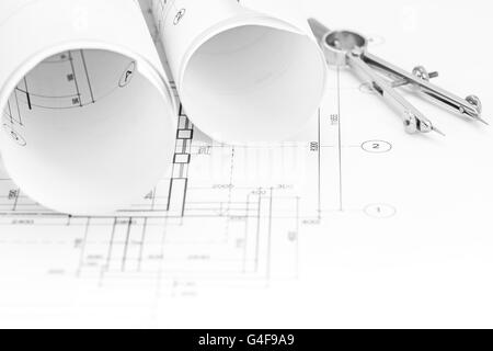 floor plan background with drawing compass and pencil Stock Photo - Alamy
