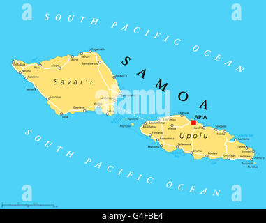 Samoan Islands political map with Samoa, known as Western Samoa and ...