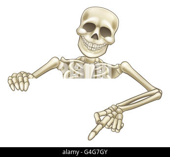 A skeleton Halloween cartoon character peeking over a sign and pointing ...