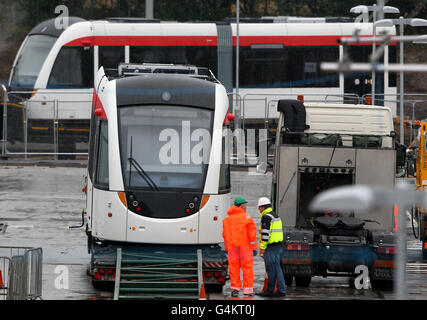The first tram is delivered to the Gogar depot in Edinburgh. The ...